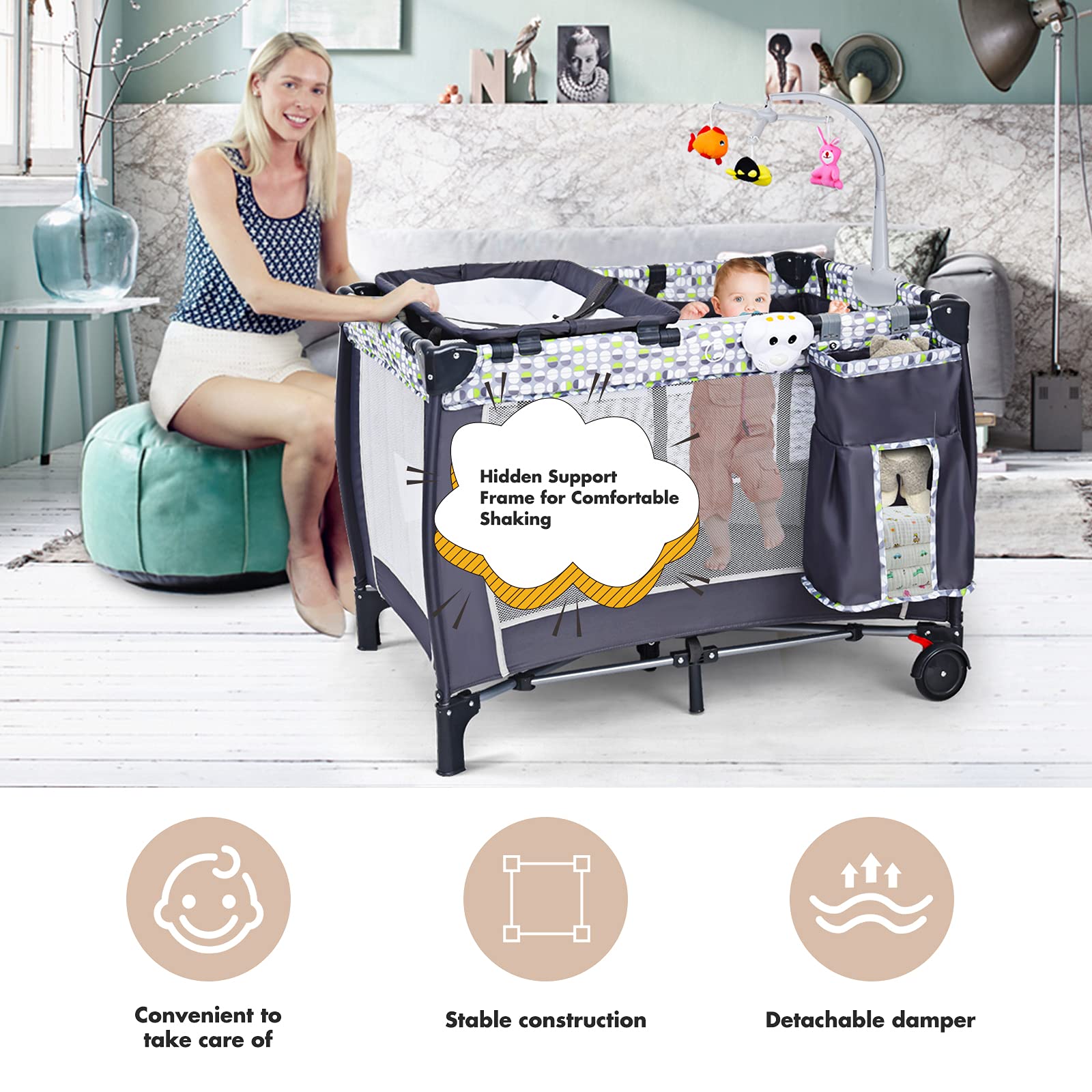 HONEY JOY Portable Baby Playard, 3-in-1 Pack and Play with Infant Bassinet, Diaper Changer & Toy Bar, Lockable Wheels, Toddler Play Yard w/Carry Bag Gray