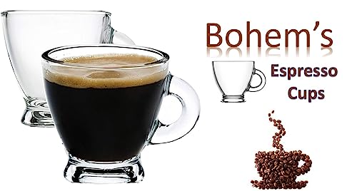 BOHEM'S Espresso Cups, 3.2 oz Small Demitasse Clear Glass Espresso Drinkware, Set of 2, Espresso Shot Glasses, Clear Expresso Coffee Cups, Tazas de Cafe Expreso