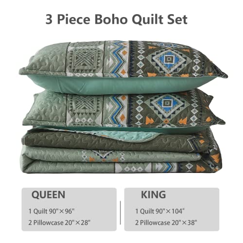 Boho Quilt Set King,3 Piece Olive Green Bedspread Coverlet Set with Geometry Printed for All Season, Lightweight Oversized Bohemian Bedding Set 104"×90"