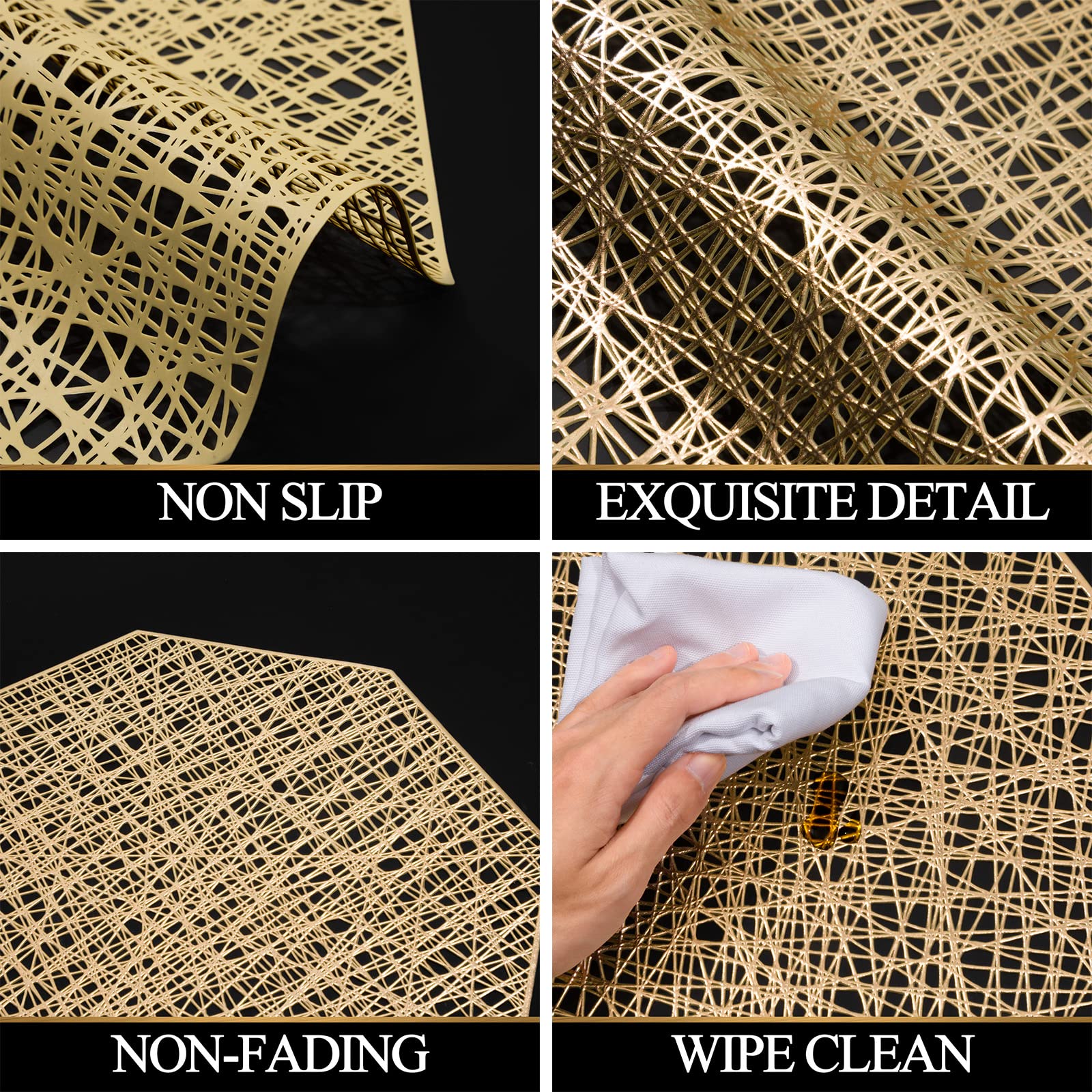 U'Artlines Octagonal Placemats Hollow Out Mats Vinyl Non-Slip Heat Insulation Kitchen Table Mats(Octagonal Gold, 6pcs)