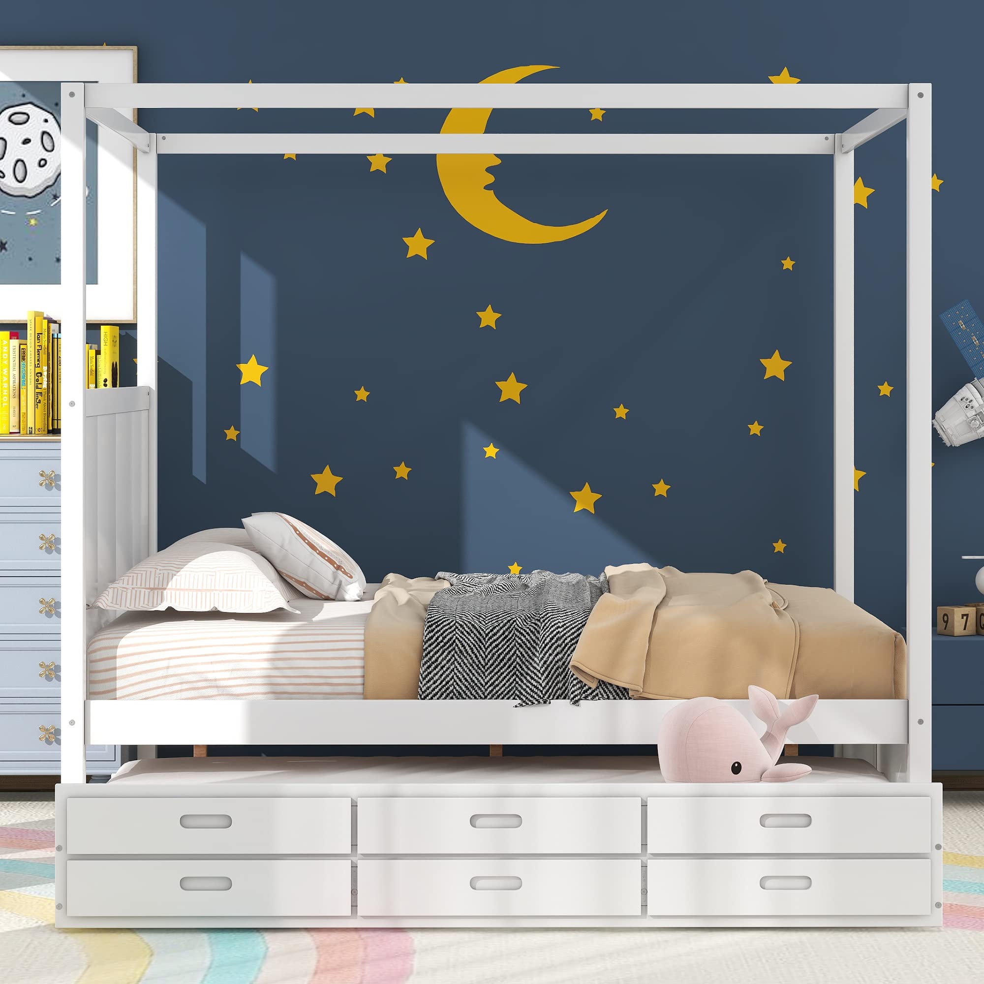 Polibi Wooden Daybed, Twin Size Canopy Daybed with 3 in 1 Drawers (White)