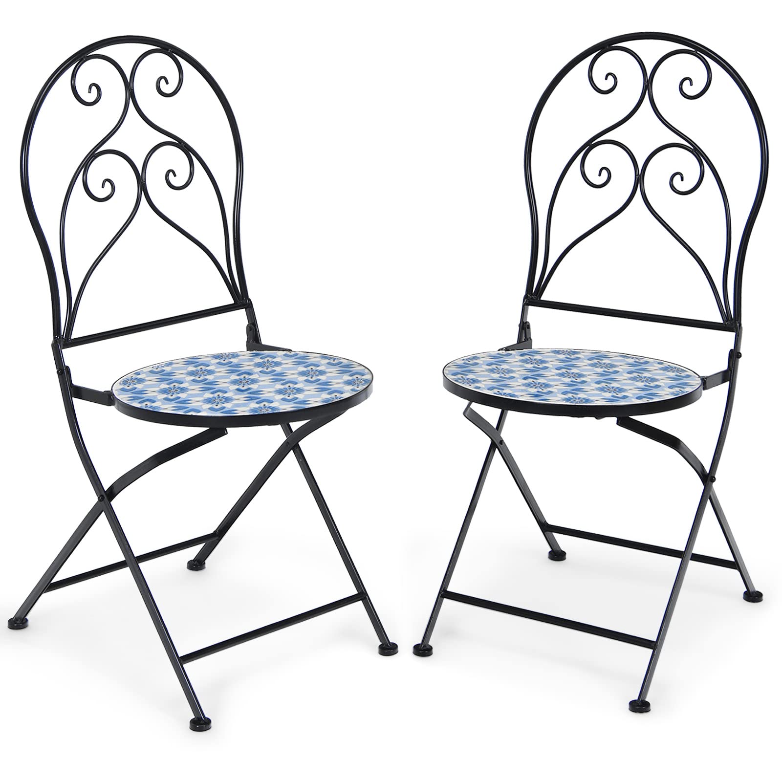 Giantex 2 Pieces Folding Bistro Chairs, Mosaic Patio Chairs with Ceramic Tiles Seat and Exquisite Floral Pattern, Outdoor Dining Chairs for Deck, Garden and Backyard (Blue & Black)