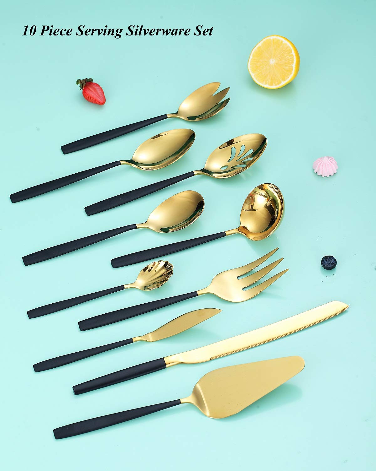 Black with Gold Silverware Serving Set 10 Pieces, Black Gold Flatware Serving Set, Serving Utensils, Include Slotted Spoon, Cake Server, Sugar Spoon, Soup Ladle, Wedding Cake Knife Ect