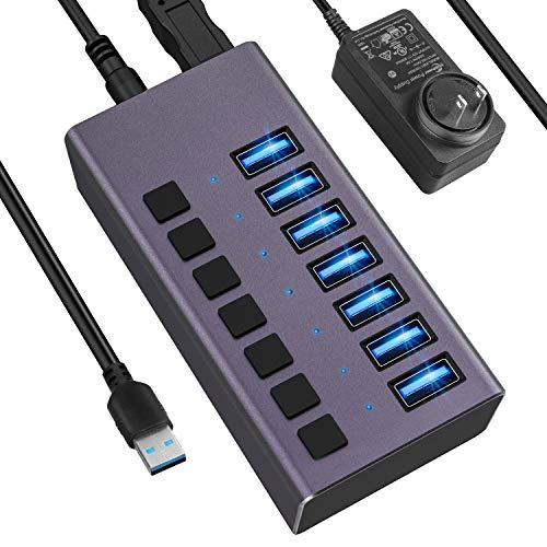 USB 3.0 Hub -7 Ports Powered USB Hub 36W USB Charging Hub with Individual On/Off Switches and 12V/3A Power Adapter and Light for PC, Laptop, Computer, Mobile HDD, Flash Drive and Moreļ¼Purpleļ¼