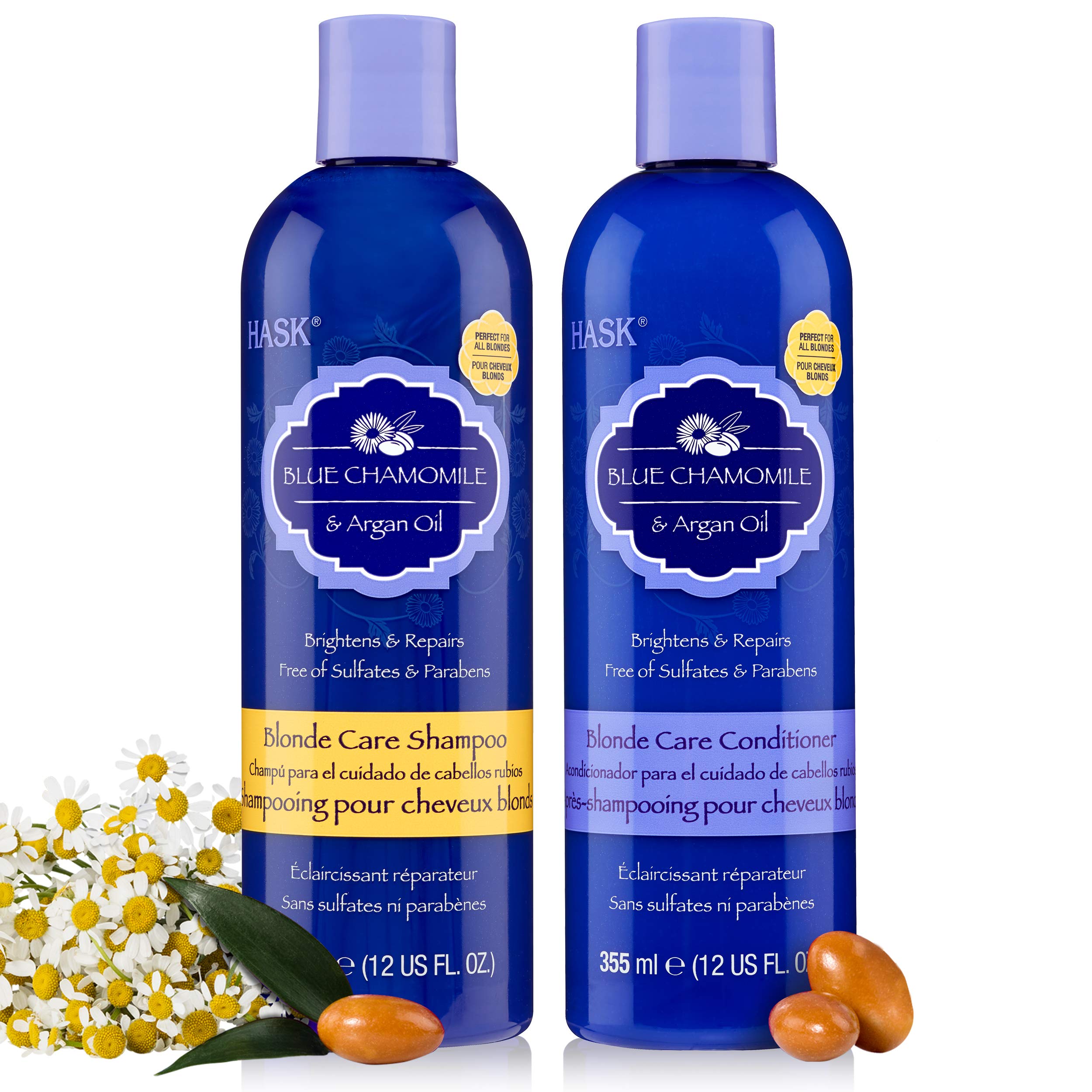 HASK Blue Chamomile Shampoo + Conditioner Set for All Hair Types, Color Safe, Free of Gluten, Sulfate, Paraben, Cruelty - 1 Shampoo and 1 Conditioner (24 Fl Oz Each)
