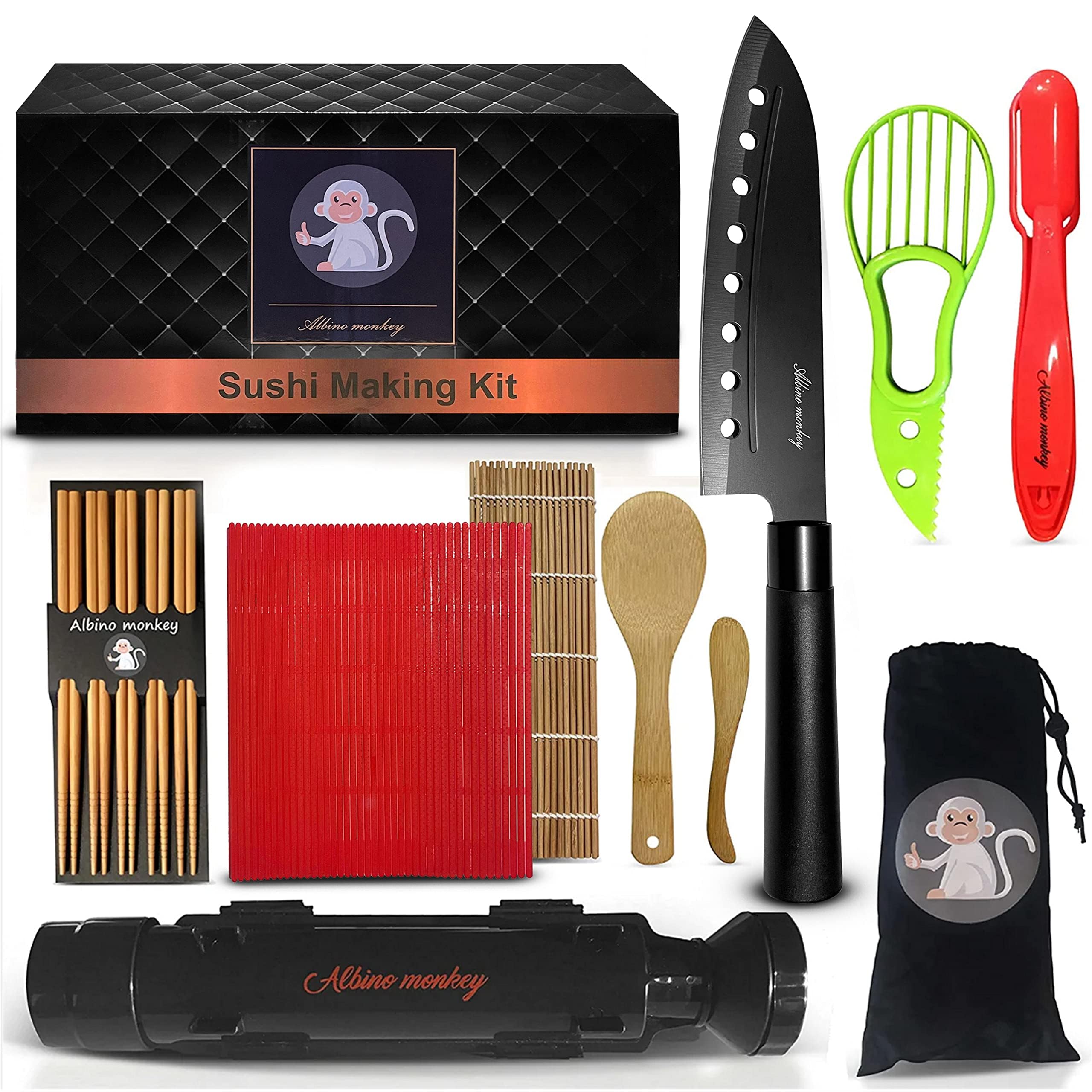 Albino monkey Sushi Making Kit - Elevate Your Sushi Skills in Minutes! Includes New Upgraded Sashimi Knife & Sushi Maker Bazooka, 2 Mats, Nigiri Tool, and More – Perfect for Beginners
