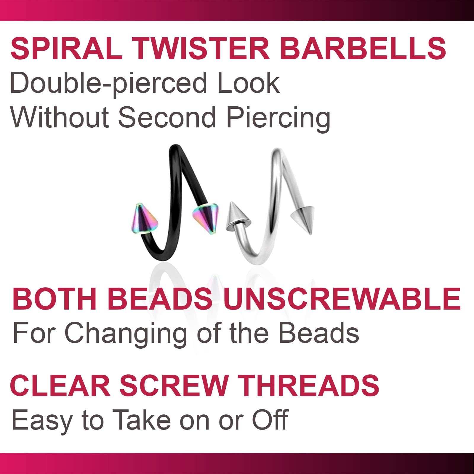 4pcs 16g Spiral Piercing Cartilage Earring Lip Tragus Eyebrow Hoop Helix Twisted Bar Surgical Steel Studs - 10mm