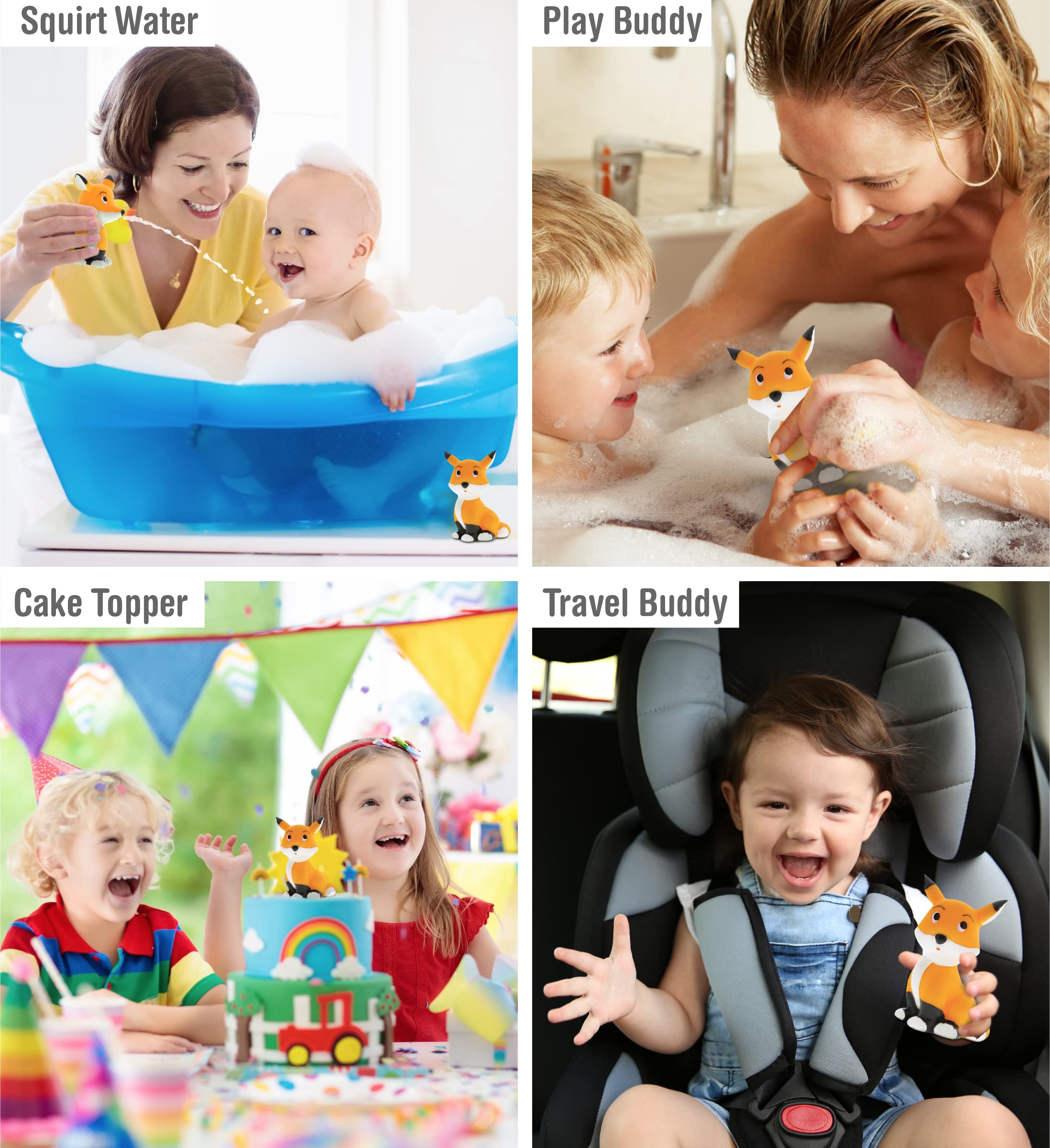 DolliBu Fox Bath Buddy Squirter - Floating Orange Fox Rubber Bath Toy, Fun Water Squirting Bathtime Play For Toddlers, Cute and Soft Wild Life Animal Toy For The Bathtub, Beach & Pool for Girls & Boys