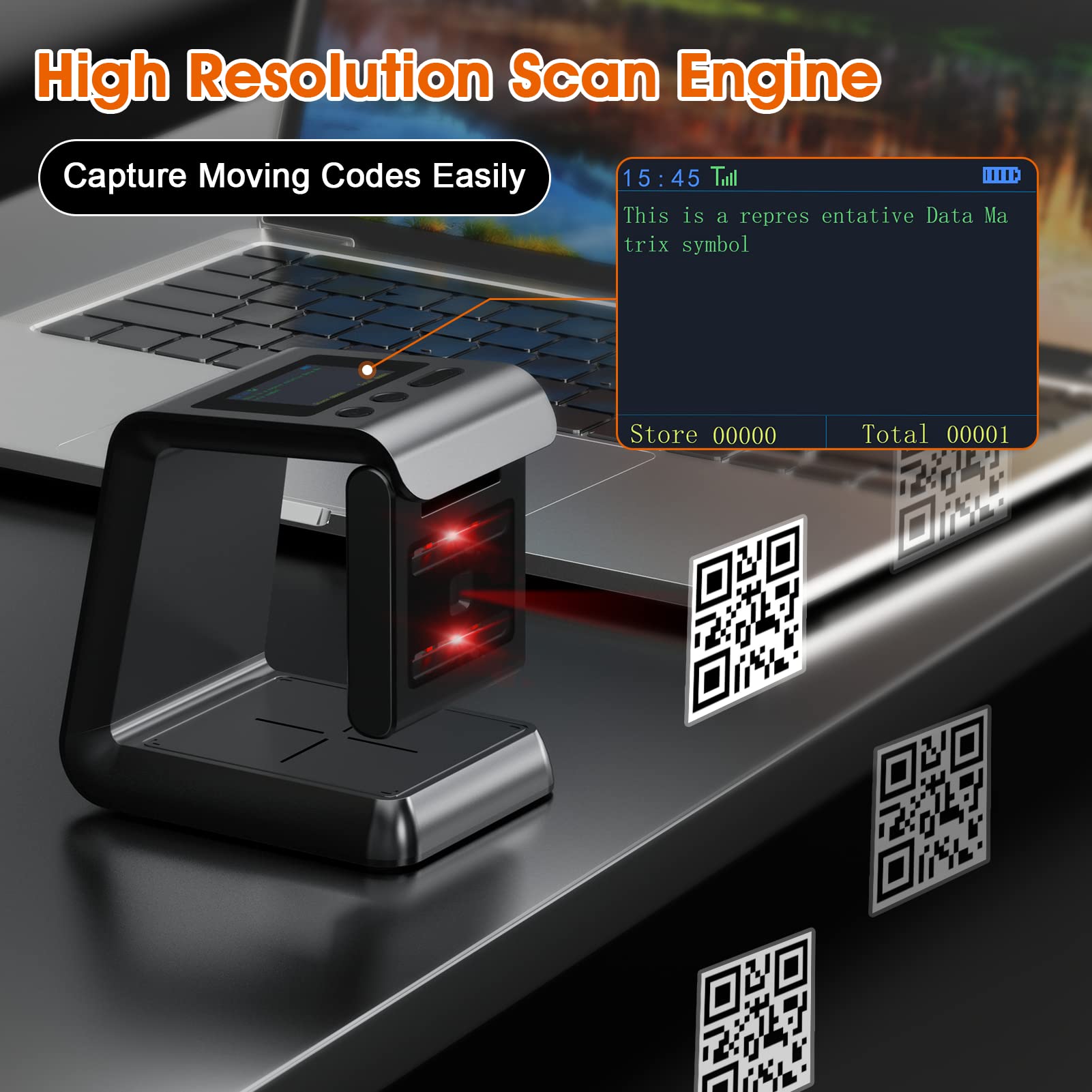 Alacrity 2D QR Wireless Hands-Free Omnidirectional Desktop Barcode Scanner, with Screen Display and Large Capacity Batteries, Compatible with Bluetooth & 2.4GHz Wireless, for Airport, Supermarket