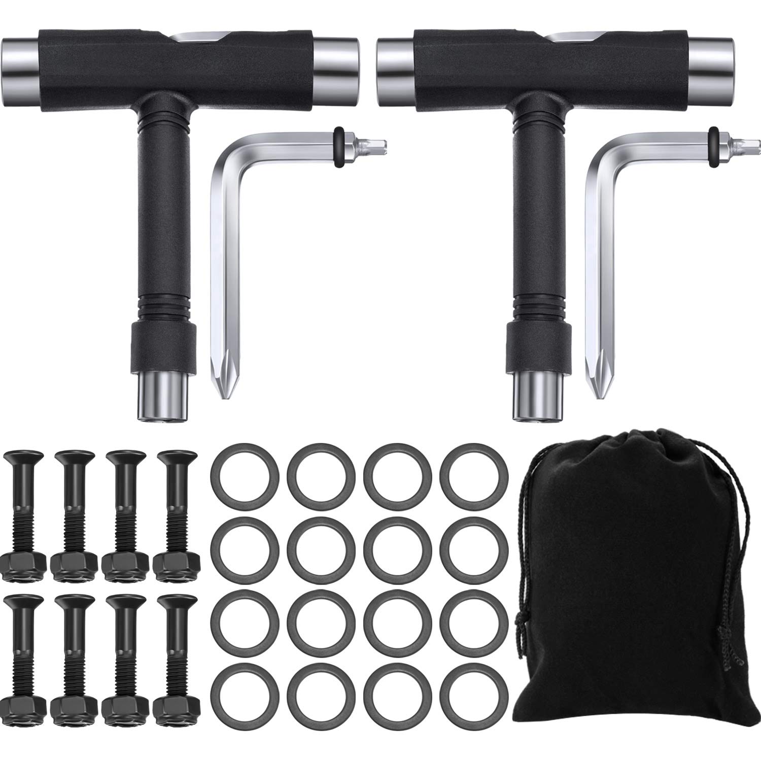 37 Pieces Multifunctional Skateboard Tools Portable Skateboard Hardware Set Includes Skateboard Nuts and Mounting Bolts T Skateboard Tool Cross Screwdriver Head Washers for Most Skateboards