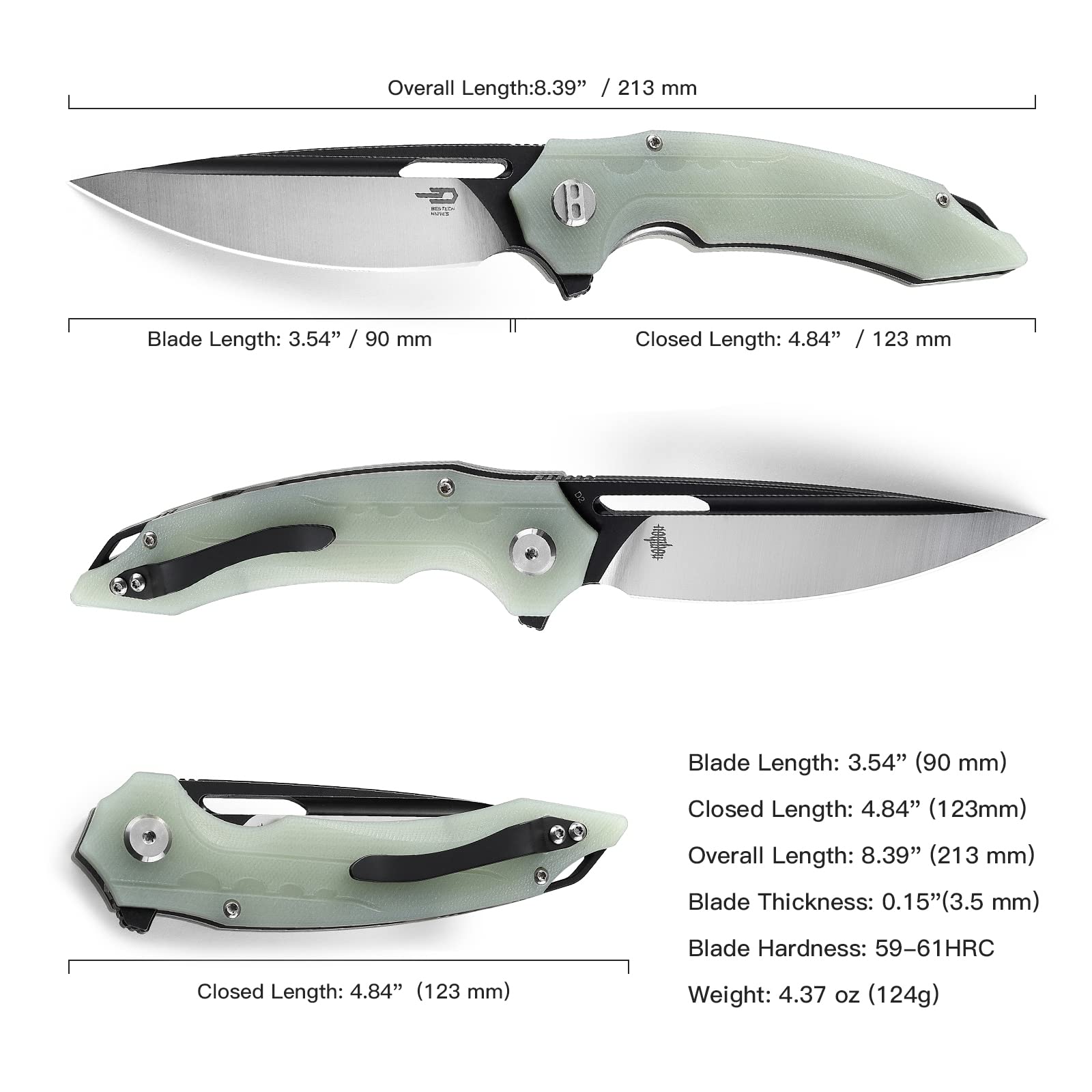 BESTECH KNIVES Pocket Folder Folding Knife: 3.54" D2 Steel Black Satin Blade, G10 Scales, Flipper, Liner Lock, EDC Steel Clip, BG50D (Translucent)