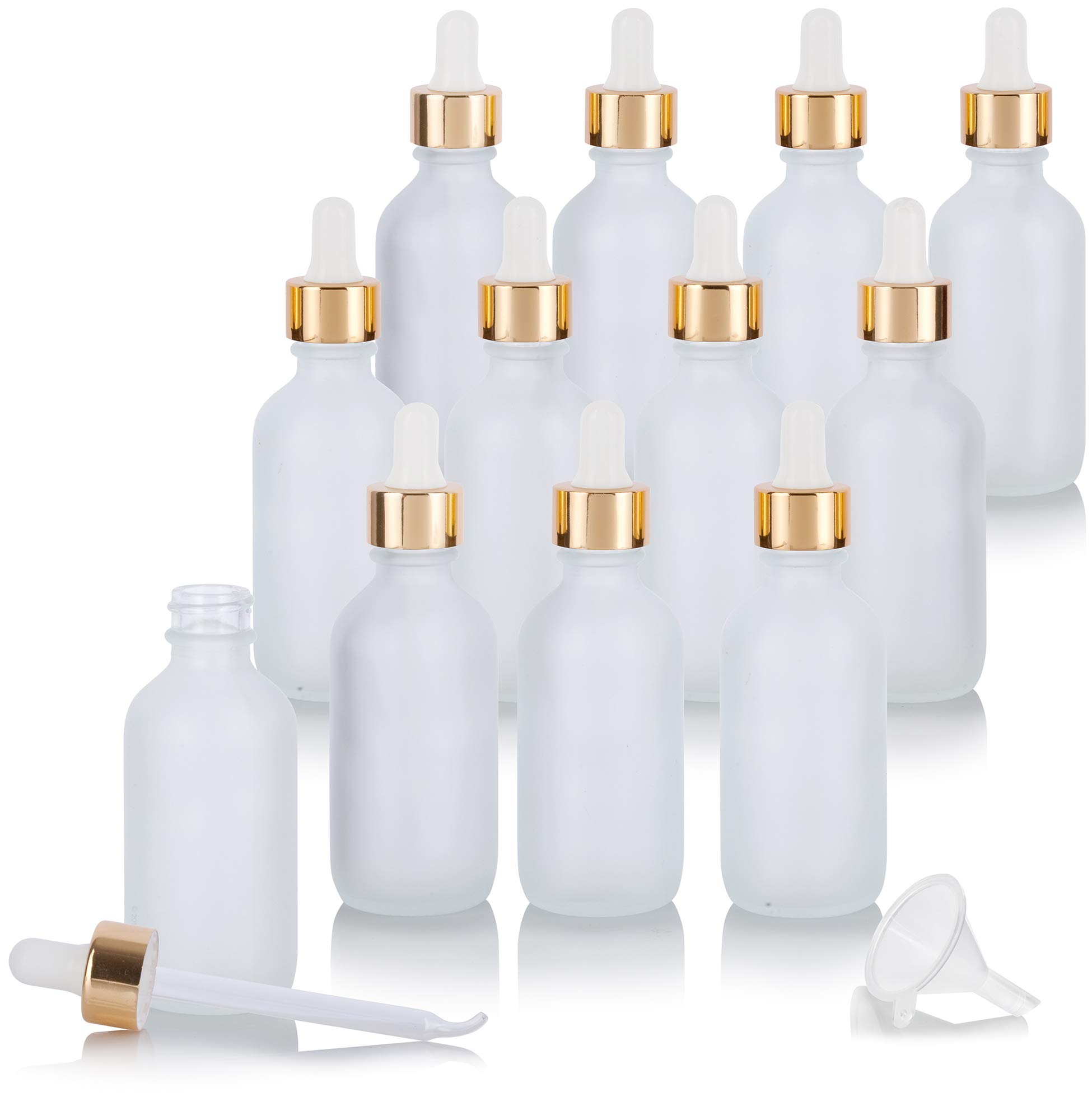 JUVITUS 2 oz Frosted Clear Glass Boston Round Bottle with Gold Metal and Glass Dropper (12 pack) + Funnel