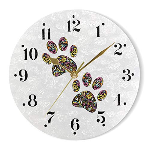 VIKKO Floral Animal Dog Paw Wall Clock 9.8 inch Round Battery Operated Decorative Clock for Kitchen School Office