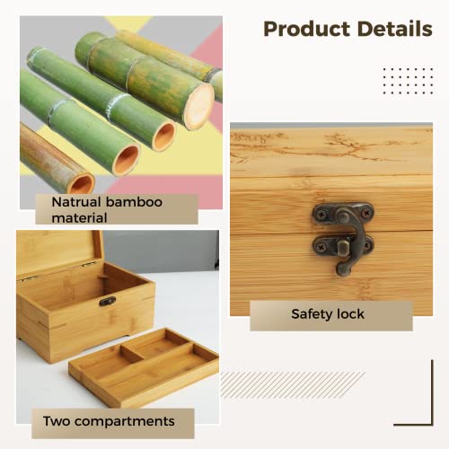 CDOKY Large Wooden Box with Hinged Lid, Bamboo Wood Multi-purpose Storage Box with Tray 2 Compartments, Natural Wood Organizer for Photos, Jewelry Home Office Decor, 7 x 5 x 4 in (Large)