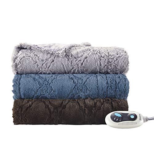 Beautyrest Brushed Long Fur Electric Throw Blanket Ogee Pattern Warm and Soft Heated Wrap with Auto Shutoff, 50 in x 60 in, Sapphire Blue