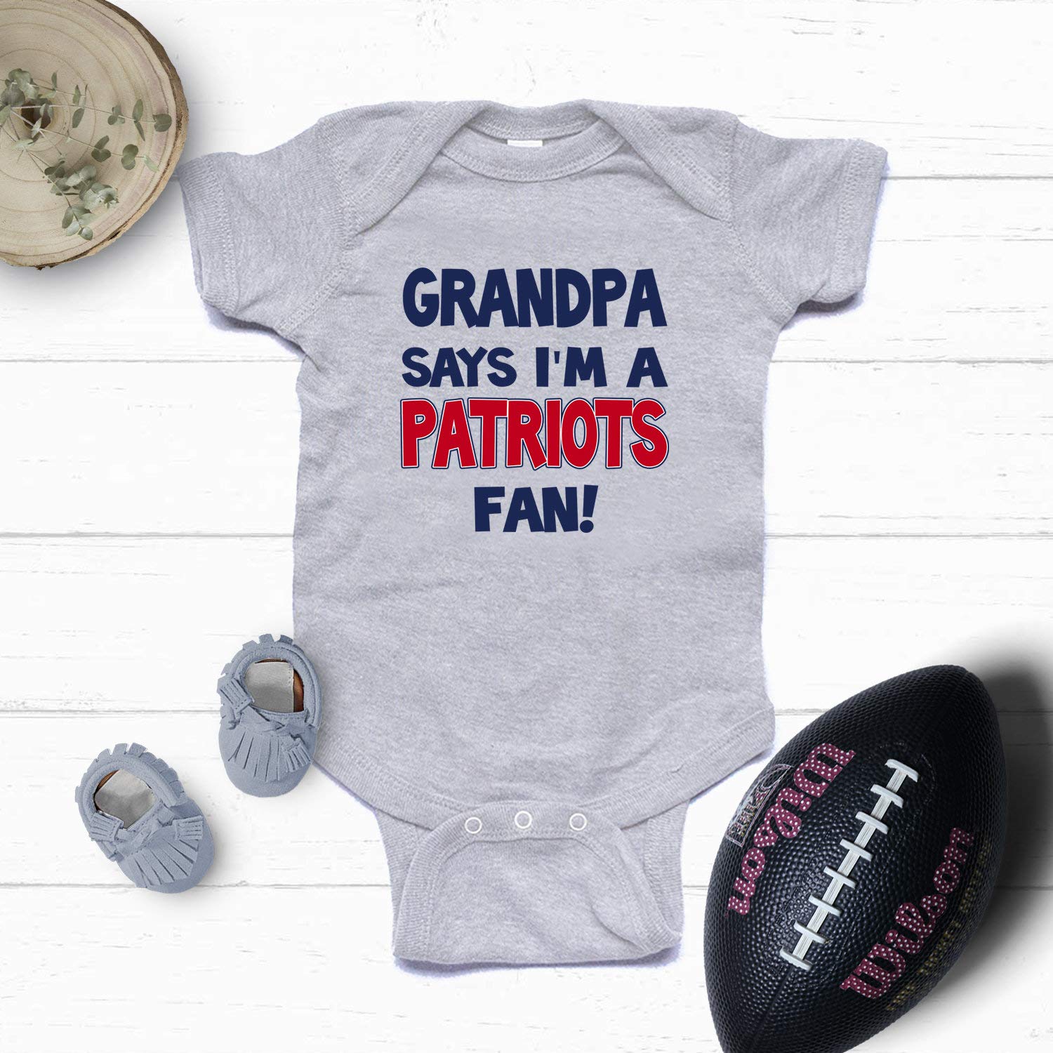 NanyCrafts Grandpa says I'm a PATRIOTS Fan Baby Bodysuit Heather 6M