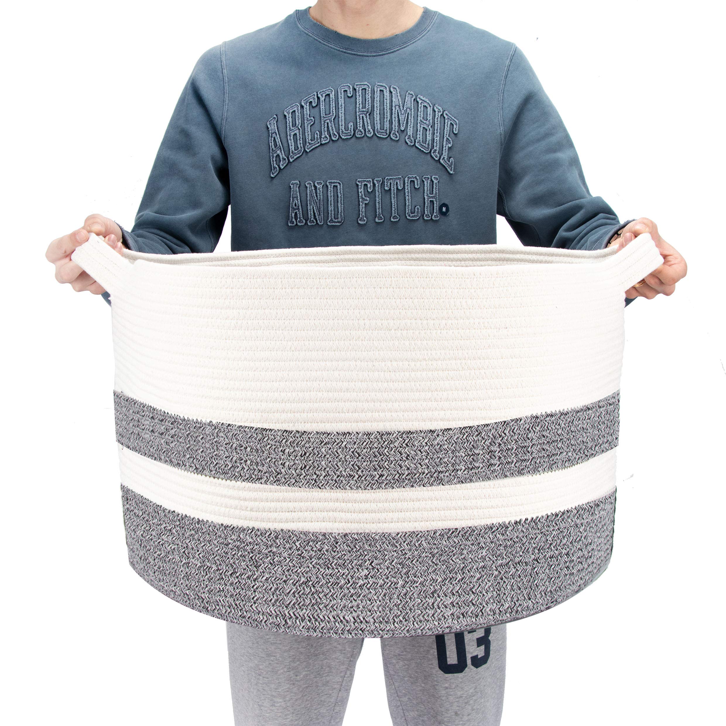 JEKOSEN Extra Large Laundry Basket 22" x 22" x 14" Cotton Rope Basket Woven Storage for Toys Blankets Towels Cushions with handle Living Room Laundry Hamper Grey