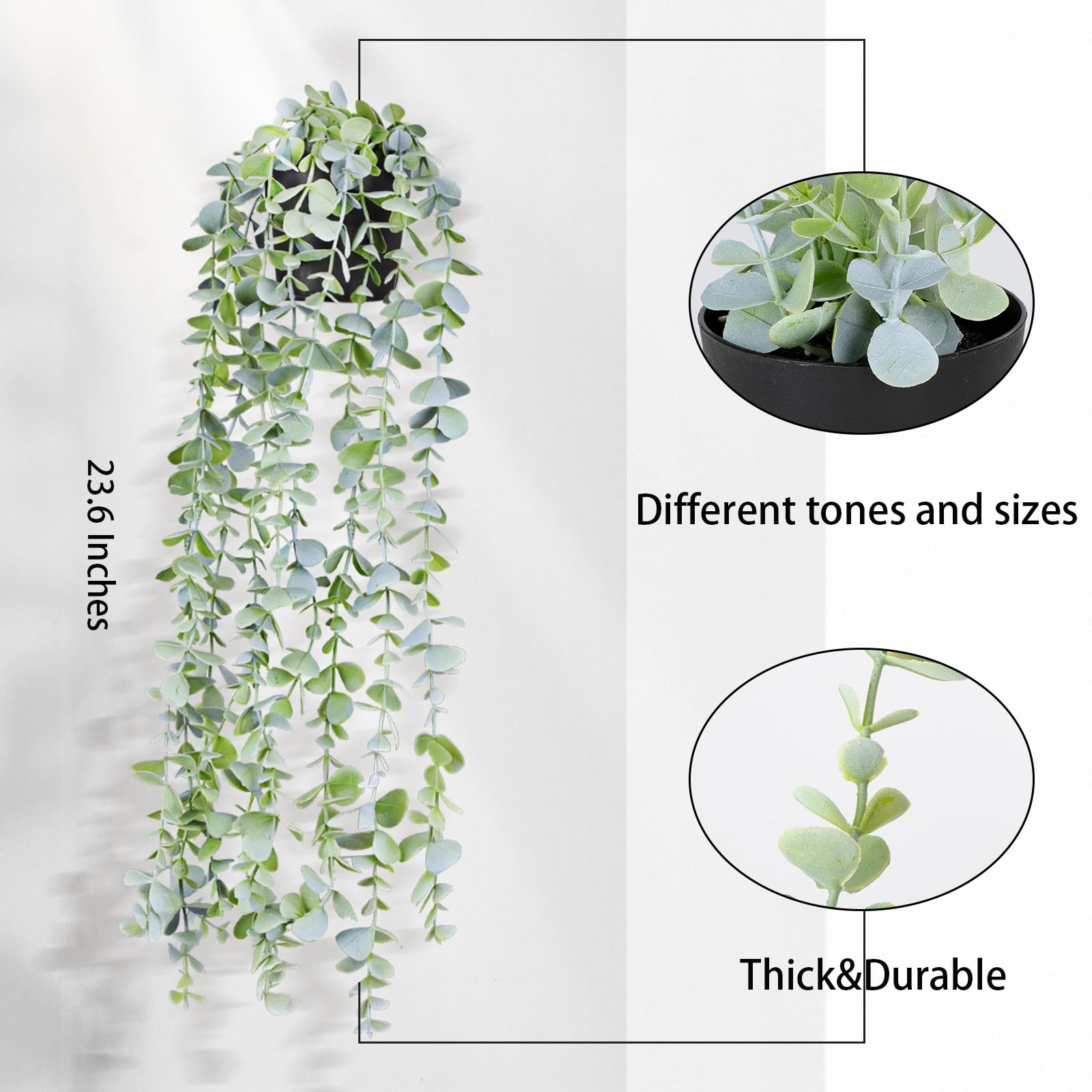 BACAMA Fake Hanging Plants Eucalyptus Potted Artificial Plant Small Faux Ivy Vines Decor for Floating Shelf Kitchen Bathroom Cabinets Indoor Outdoor Pack of 2 23.6 Inches Long