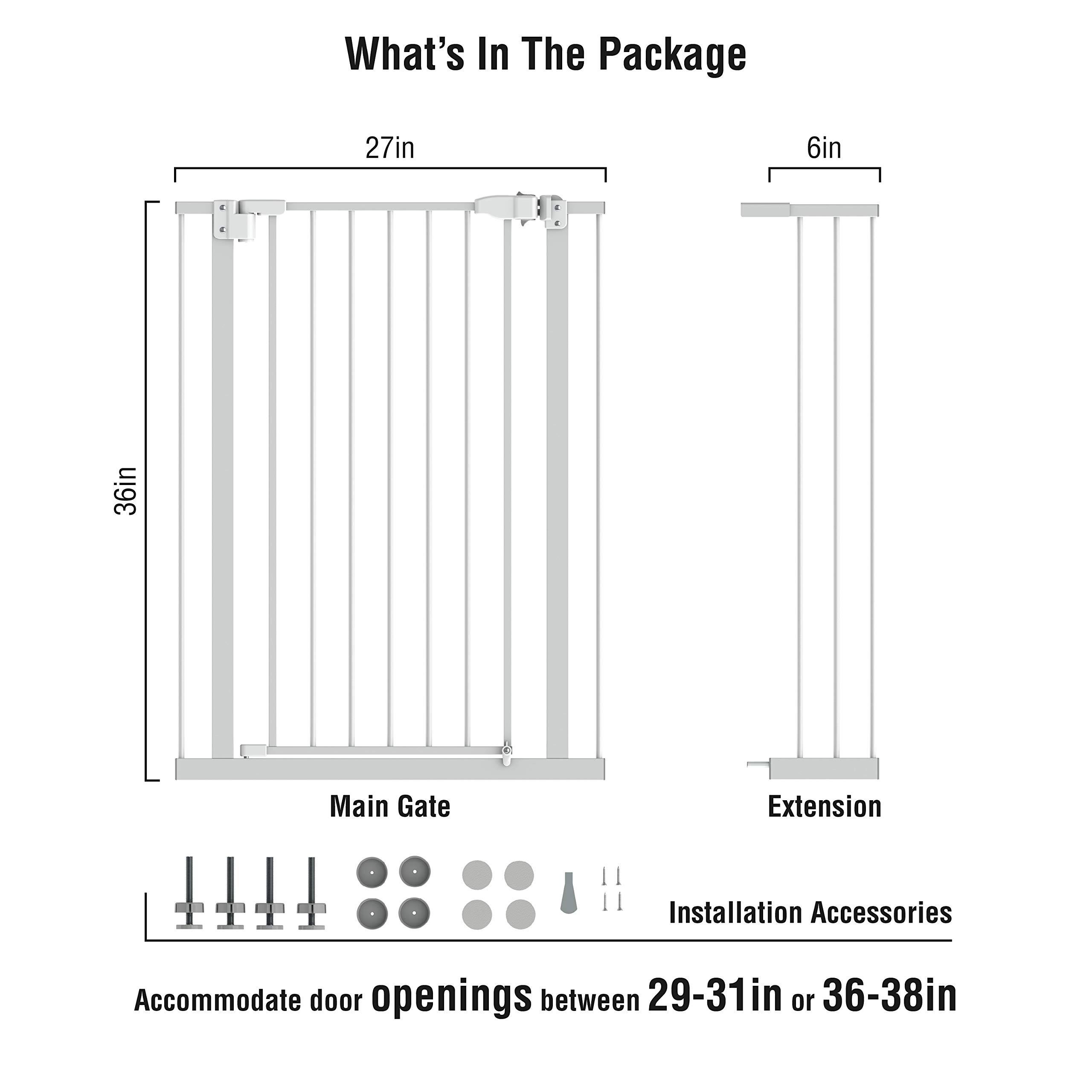 38" Auto Close Baby Gate, Extra Tall Walk Thru Gate Dog Pet Pressure Mount Gate for Stairs,Doorways, Banister,Dual Locking .Includes 6" Extension,36" High