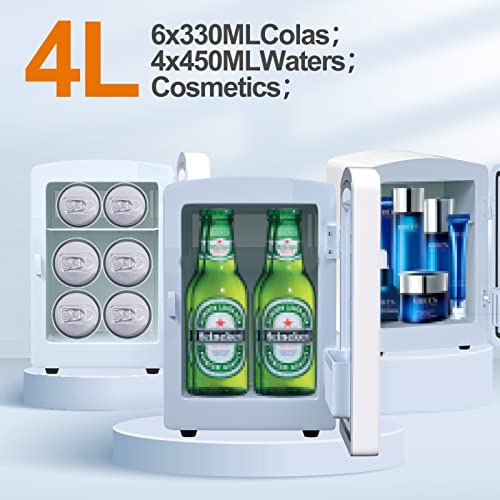 COYCYQI Mini Fridge for Skin Care, 4 Liter Portable Small Fridge with Mirror, Hot or Cold Personal Beauty Refrigerator for Bedroom, Office, Car, Makeup (White)