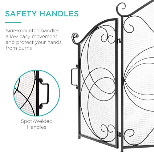 Best Choice Products 3-Panel 55x33in Solid Wrought Iron See-Through Metal Fireplace Screen, Spark Guard Safety Protector w/Decorative Scroll - Black