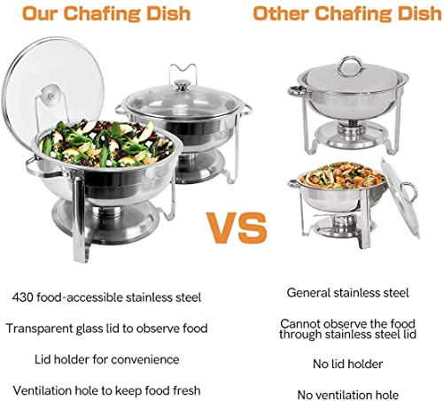 BriSunshine 2 Packs 4 QT Round Chafing Dish Set, Stainless Steel Chafing Dishes for Buffet, Food Warmers with Glass Lid & Holder for Weddings Parties Catering