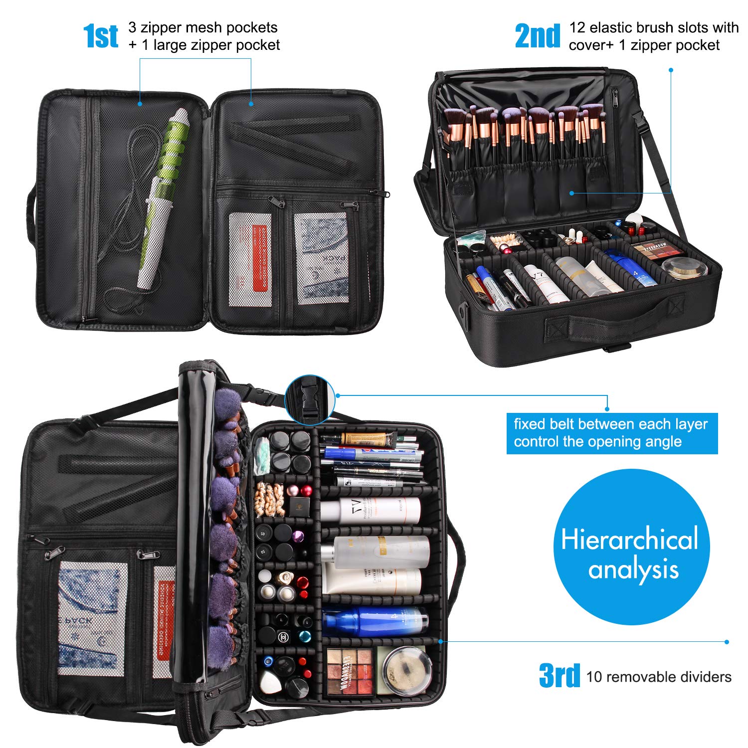 Relavel Makeup Bag Travel Makeup Train Case Large Cosmetic Case Professional Portable Makeup Brush Holder Organizer and Storage with Adjustable Dividers (black L)