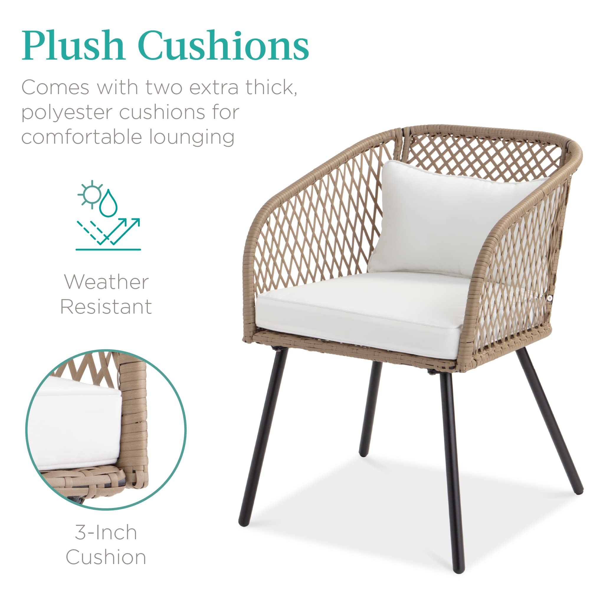 Best Choice Products 3-Piece Outdoor Wicker Bistro Set, Patio Dining Conversation Furniture for Backyard, Balcony, Porch w/Diamond Weave Design, Tempered Glass Side Table, 2 Chairs - Ivory