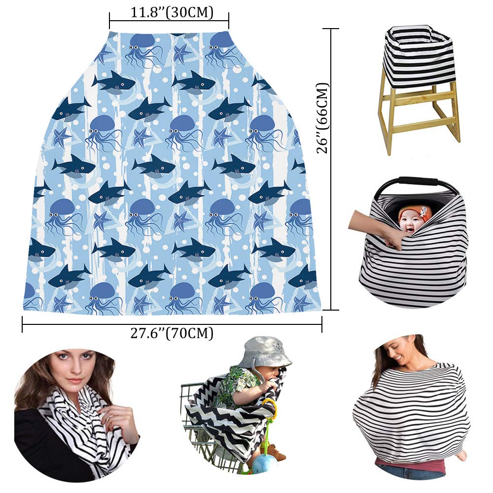Nursing Cover for Breastfeeding Scarf Super Soft Cotton Multi Use for Baby Car Seat Covers Canopy Shopping Cart Cover Blanket Stroller Cover-Ocean Themed Fish Shark Octopus Starfish