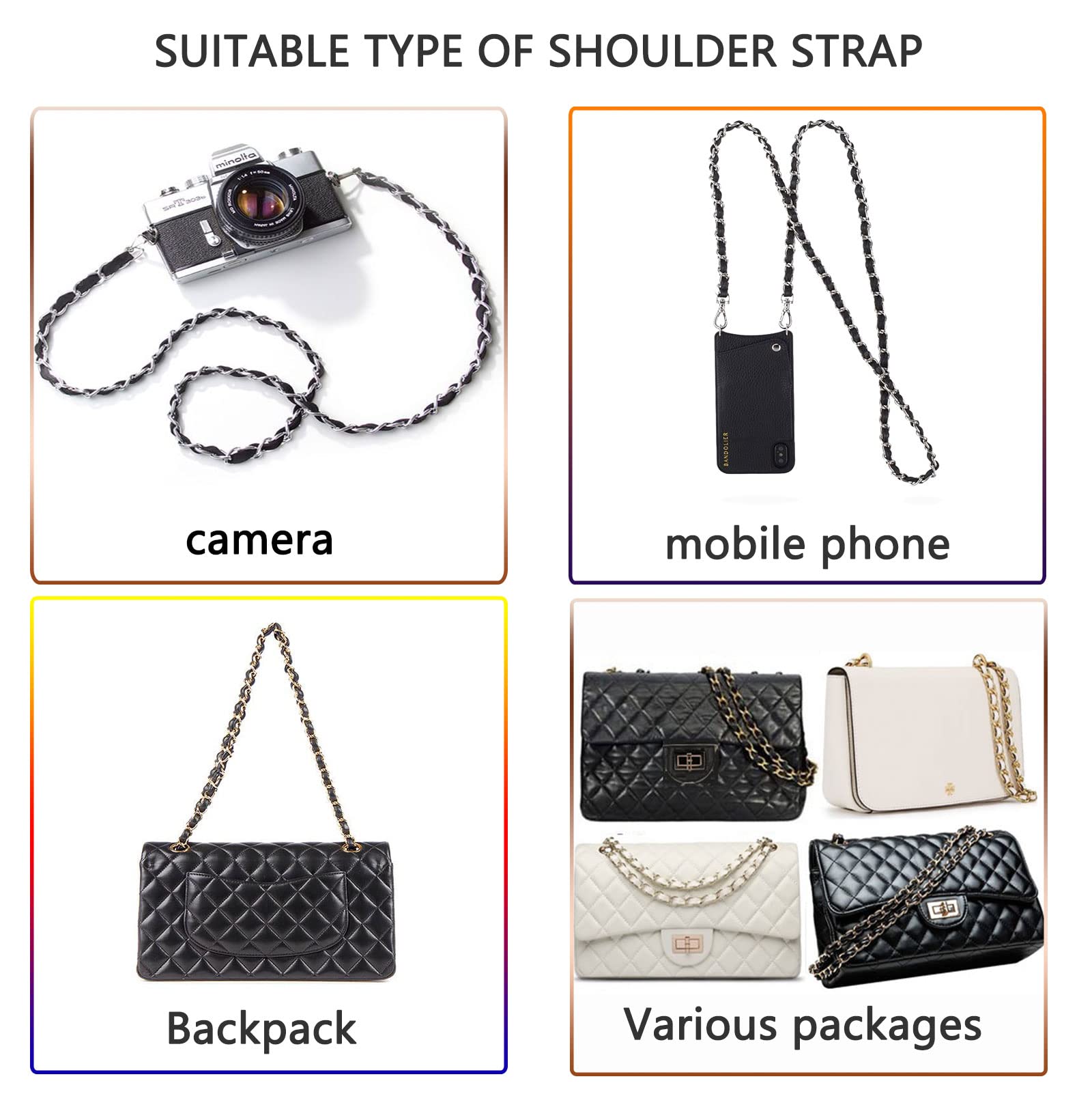 BlitzBite 46" Synthetic Leather Metal Chain-Purse Chain Strap Leather Iron Flat Chain-Cross Body Replacement Shoulder Strap-Black Leather Silver Hardware-for Shoulder,Clutches,Wallets,Camera Bag