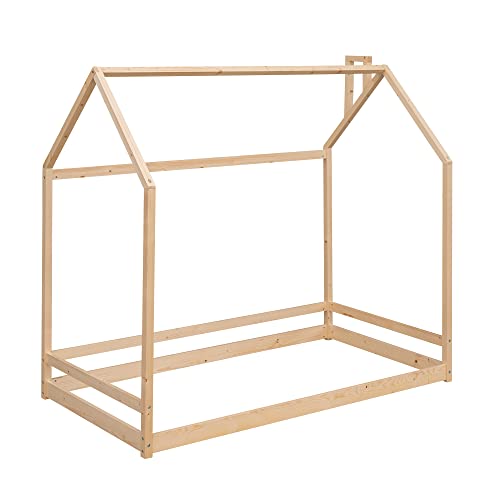 AOCOROE Twin Size House Bed Frame Floor Montessori House Bed Canopy Bed for Boys and Girls. House Shaped Wood Twin Bed Frame Without Slats, Natural