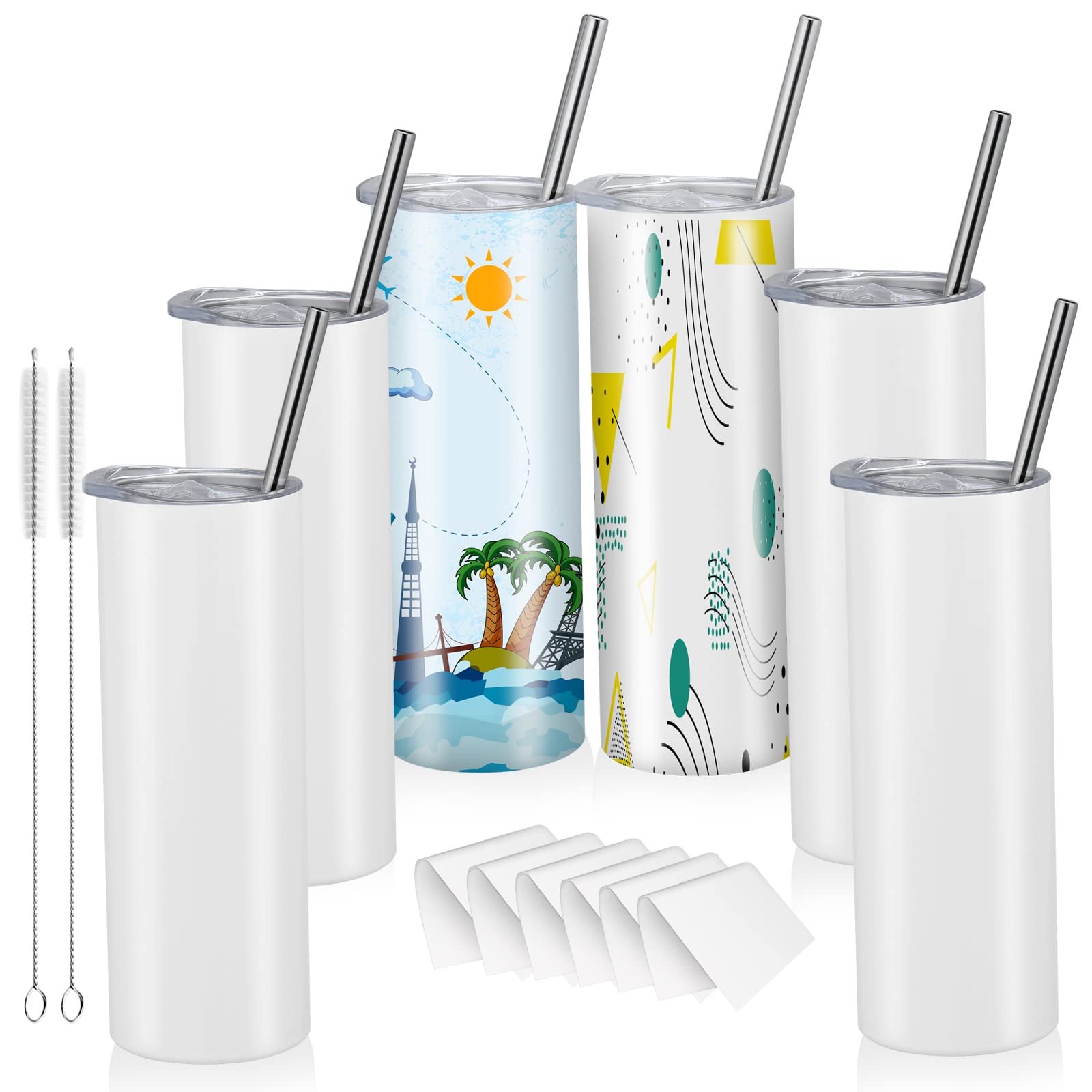 8 Pack Sublimation Tumbler - 20 oz Tumbler with Lid and Straw Insulated Tumbler Skinny Double Wall Tumbler Cups Travel Coffee Mug Stainless Steel Vacuum Mug with Metal Straw,Leak-Proof Lid,Shrink Wrap