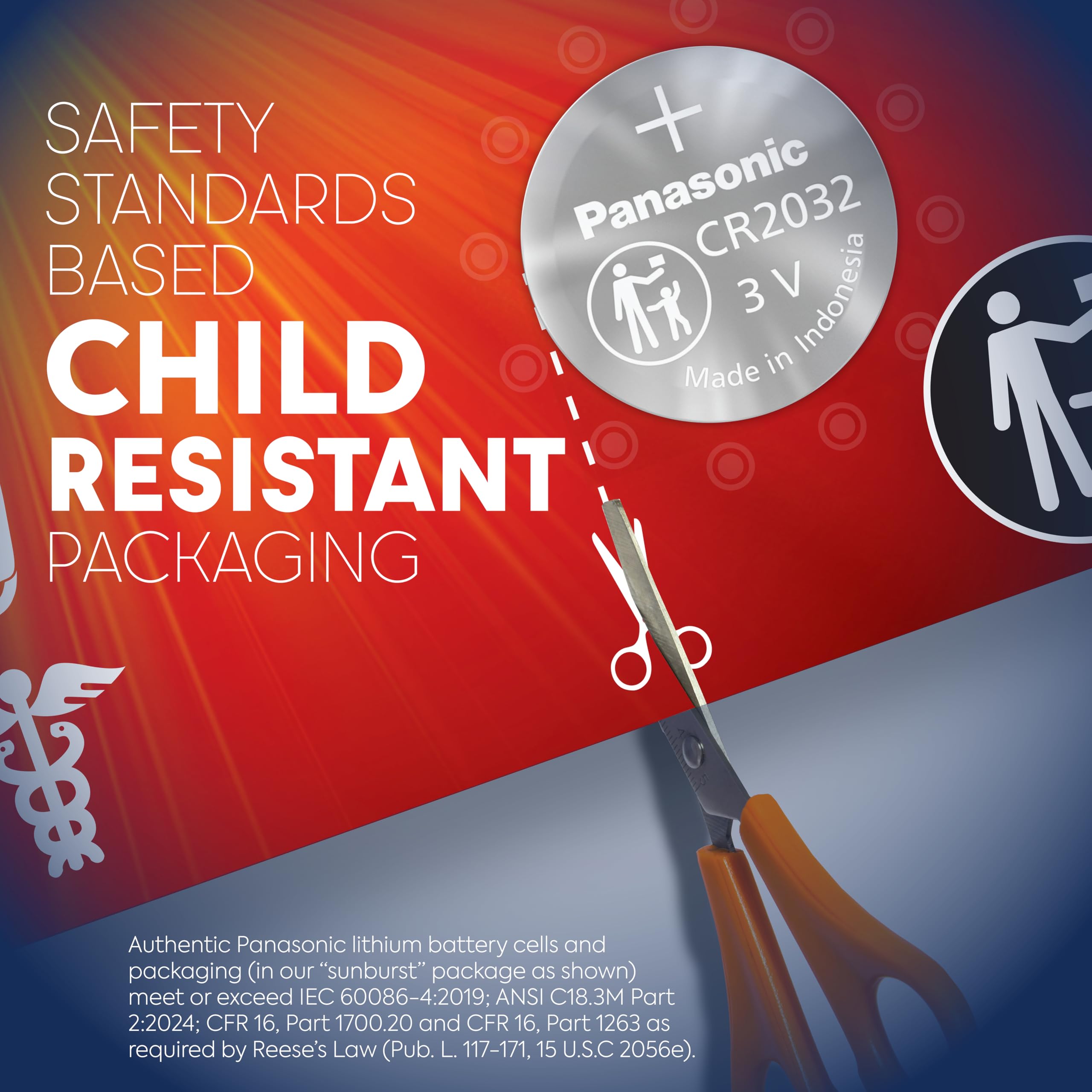Panasonic CR2032 3.0 Volt Long Lasting Lithium Coin Cell Batteries in Child Resistant, Standards Based Packaging, 4 Pack