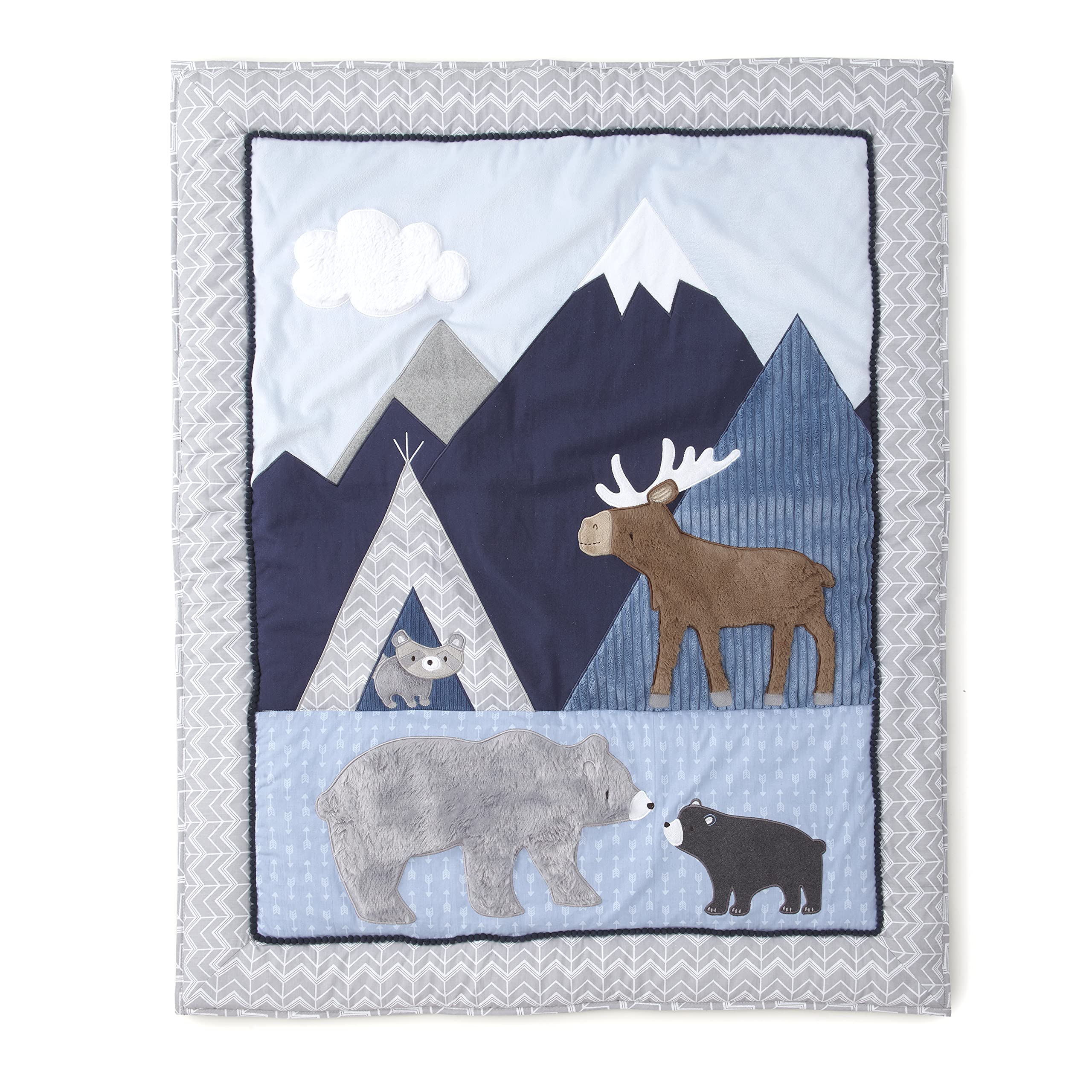 Levtex Baby - Trail Mix Crib Bed Set - Baby Nursery Set - Grey, Navy, White and Blue - Bear Mountains - 4 Piece Set Includes Quilt, Fitted Sheet, Wall Decal & Skirt/Dust Ruffle
