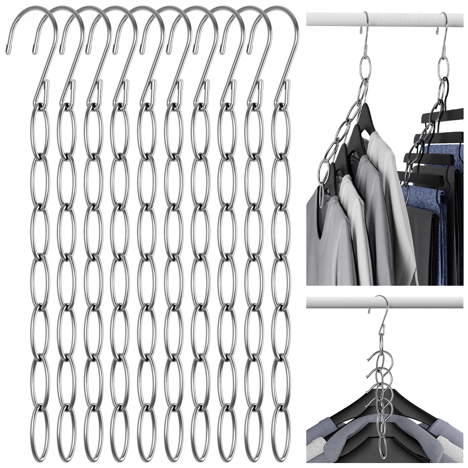 NiHome Clothing Chain Hanger 10-Pack, Metal Closet Organizer Space Saving Hangers with Safety Cap for All Garment Types, Versatile 7-Loop Retractable Design for Home, Office & Travel, Wrinkle-Reducing