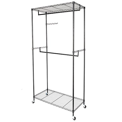 Knocbel Garment Rolling Rack Large Heavy Duty Closet Organizer with Adjustable Hanging Rod Shelf & Lockable Wheels, Black (2-Rods (35.4 x 17.7 x H70.9) inch)