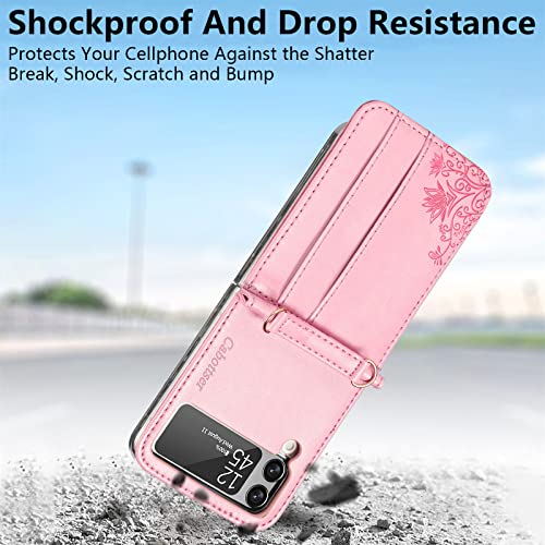 Cabottser Case for Samsung Galaxy Z Flip 3 / Z Flip 4 Wallet Phone Case Lanyard Crossbody, Pink Women Men Soft PU Leather Hard PC Adjustable Strap Card Slots Shockproof Flip Cover for Z Flip 3/4