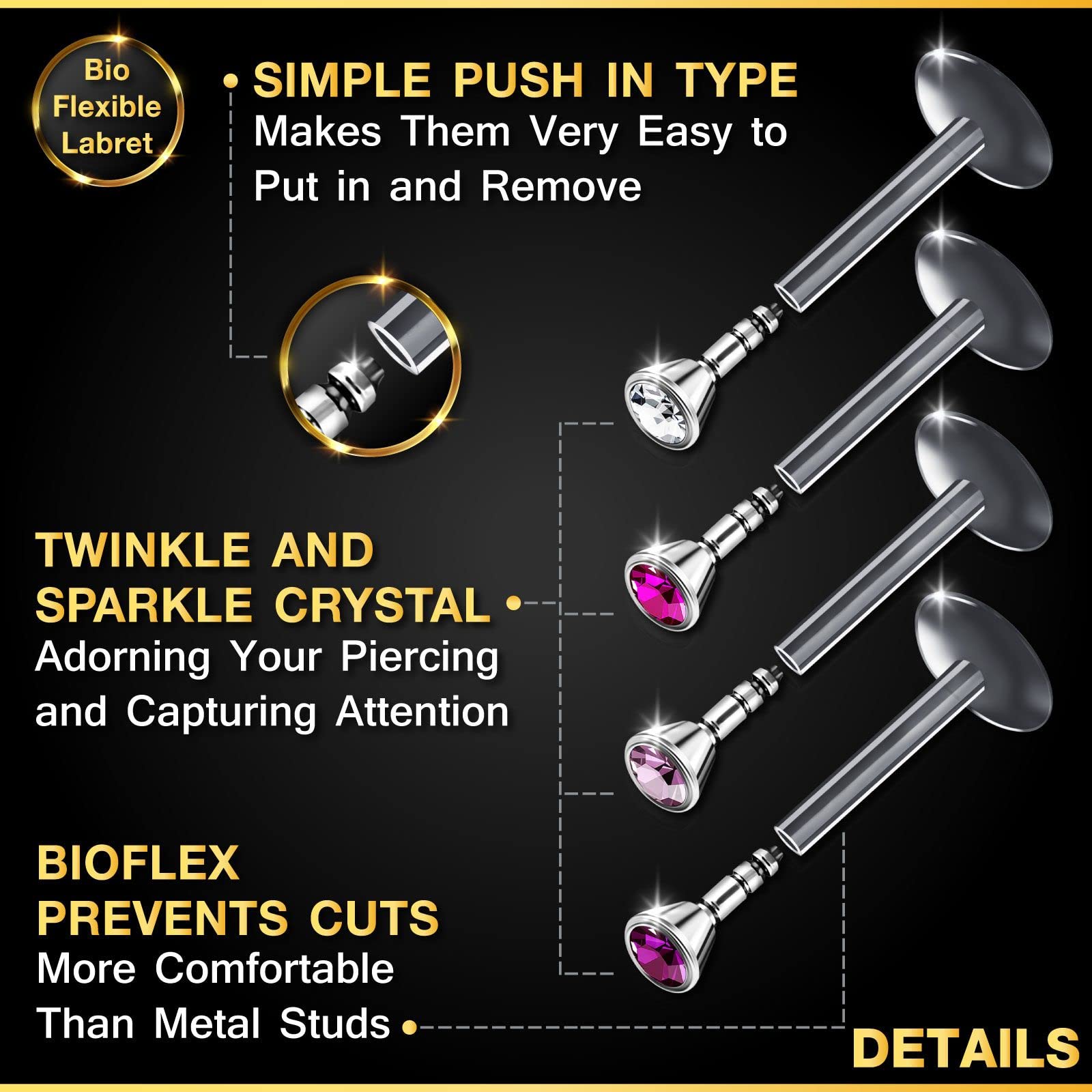 4PCS Bioplastic Labret Lip Rings 16g 3/8 10mm 2.5mm Crystal Ball Cartilage Spiderbite Tragus Earrings Piercing Jewelry 9211