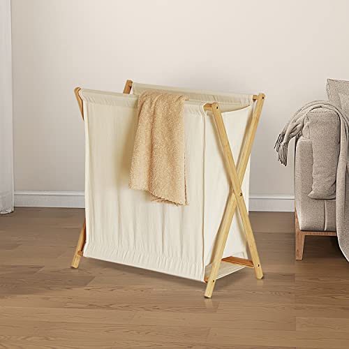 Bellglee Collapsible Bamboo Wood Laundry Hamper, Wooden X Frame Foldable Laundry Basket, Clothes Sorter Organizer with Linen Canvas Laundry Bag for Bedroom or Bathroom