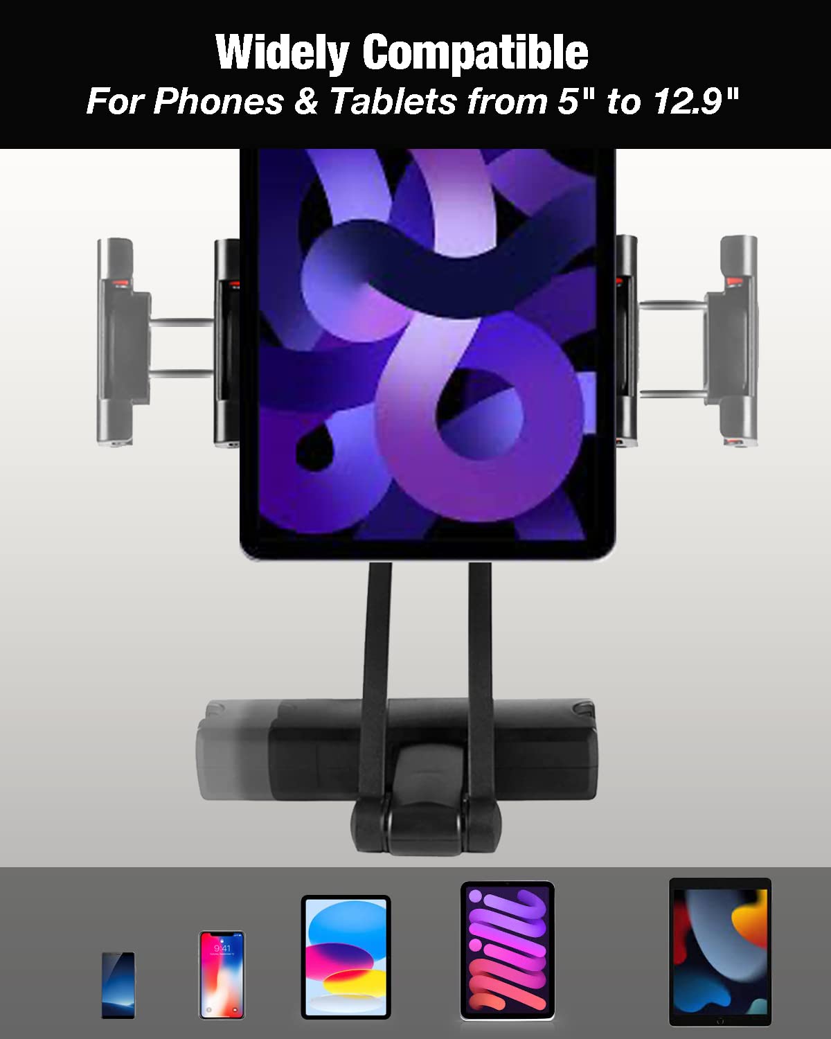 INNOMAX Adjustable Long Arm Tablet Mount, Backseat iPad Holder, 5"-12.5" Devices, Black