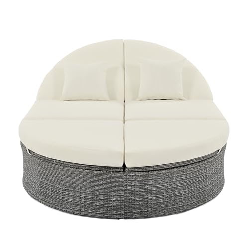 EOVTK Outdoor Rattan Daybed, Multifunctional 2-Person Sun Bed with Cushions and Pillows, Wicker Reclining Chaise Lounge with Adjustable Backrests and Foldable Cup Trays for Lawn, Poolside, Beige