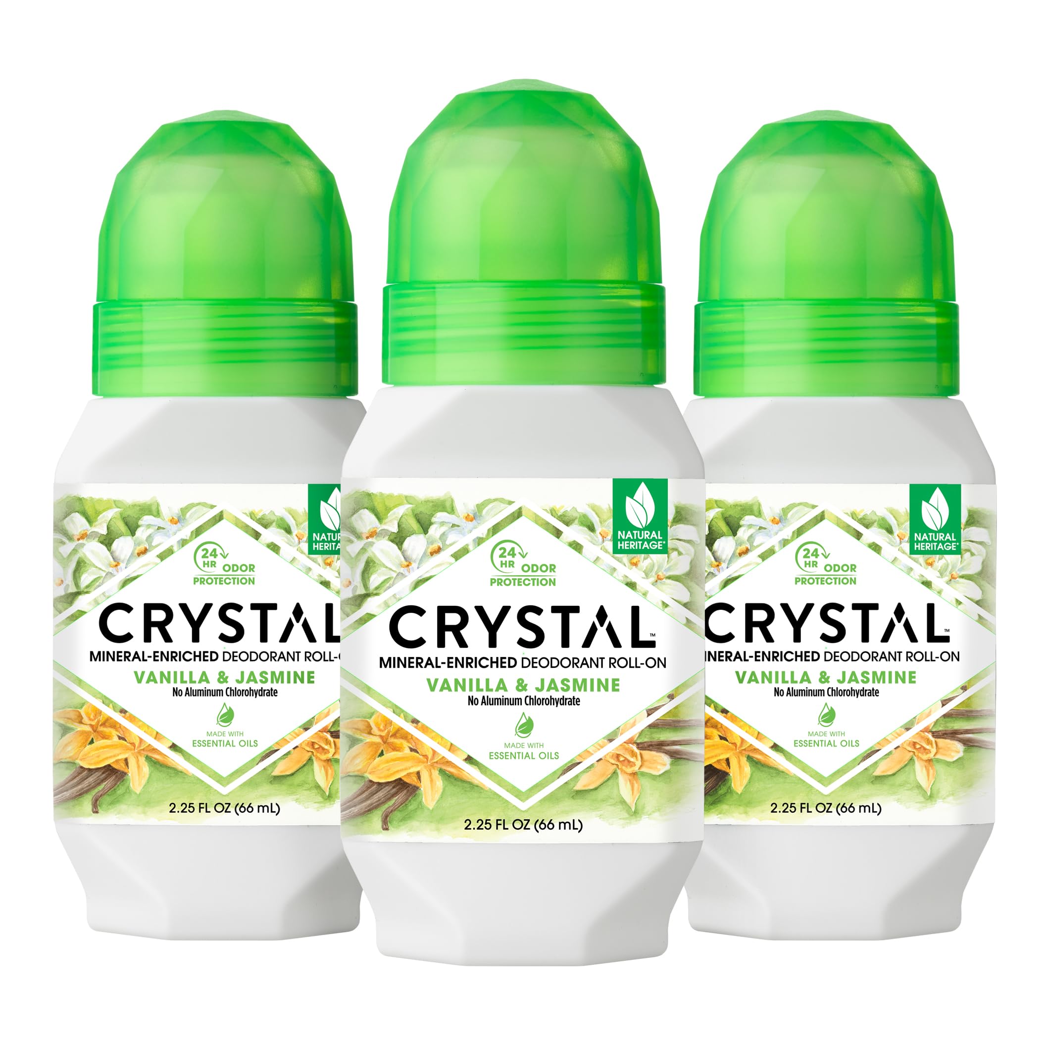 Crystal Deodorant - Mineral Roll on Vegan Deodorant for Women and Men, Vanilla Jasmine - 2.25 fl. oz. (Pack of 3)