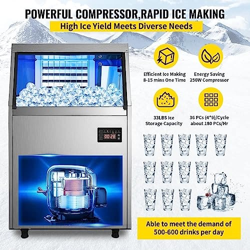 Commercial Stainless Steel Under Counter Ice Maker Machine with 33LB Bin - Automatic Operation, Water Filter, Scoop, Connection Hose - Makes 90-100LBS/24H - Ideal for Home Bar, Restaurant, and Office