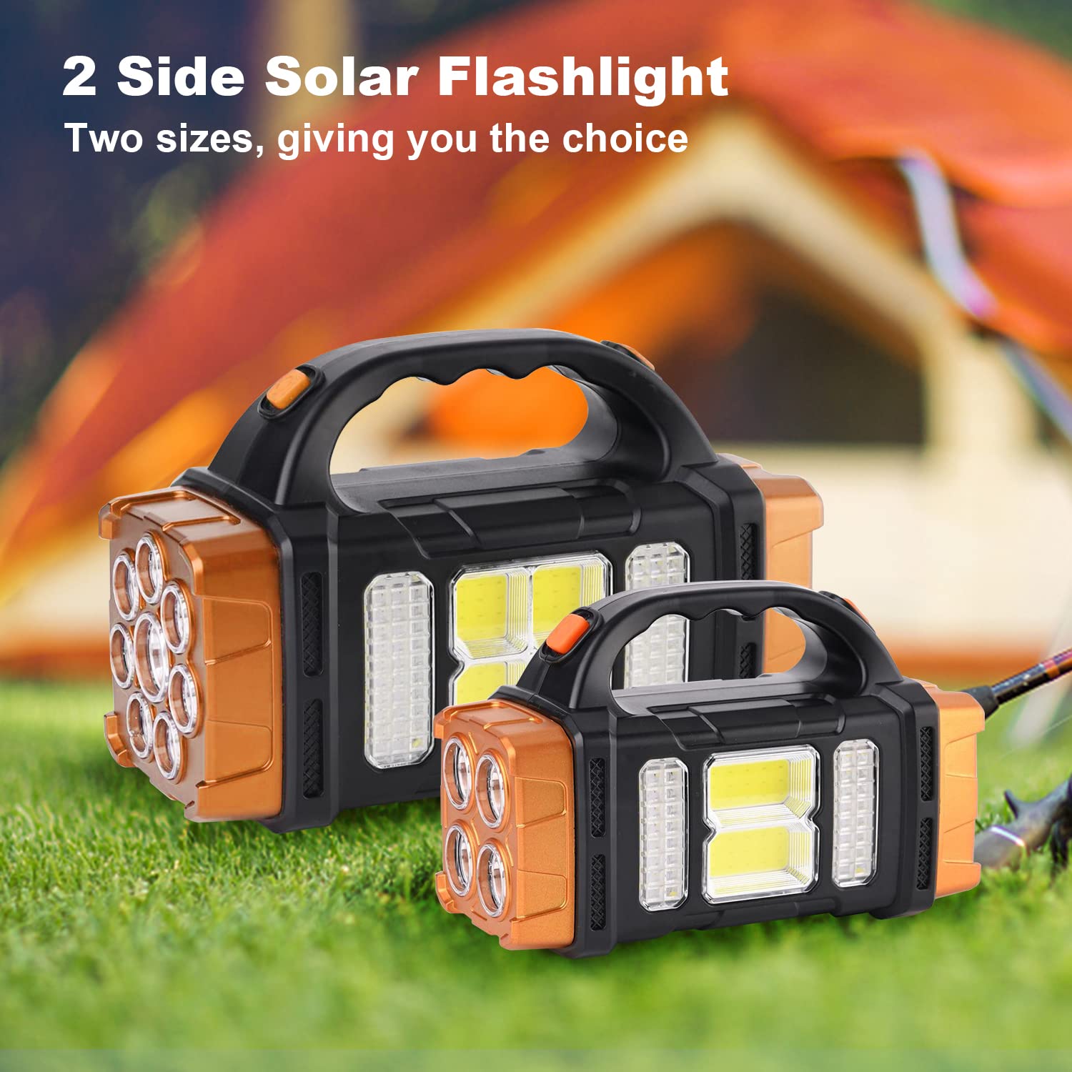 HUBAKO Two Side Solar Handheld Flashlight with COB Sidelight, High Bright 8 Modes Spotlight with USB Cable, Rechargeable Portable LED Searchlight for Outdoor Hunting Boating Camping Emergencies