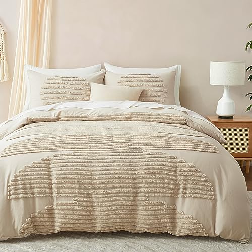 BEDAZZLED Duvet Cover King Size, 3 Pieces Boho Bedding Sets for Shabby Chic Home, Tufted and Soft Comforter Cover Set, Beige