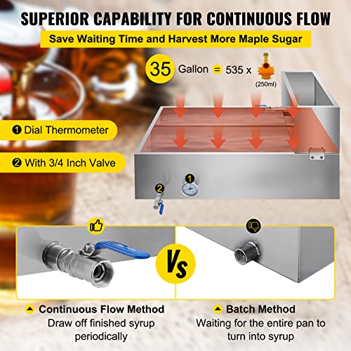VBENLEM Maple Syrup Evaporator Pan 36x24x18.5 Inch Stainless Steel Maple Syrup Boiling Pan with Valve and Thermometer and Divided Pan and Feed Pan