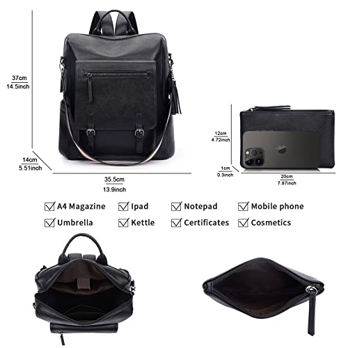 Caitina Backpack Purse for Women Leather Backpack Purse Travel Backpack Fashion Designer Ladies Shoulder Bags With Wristlets(Black)