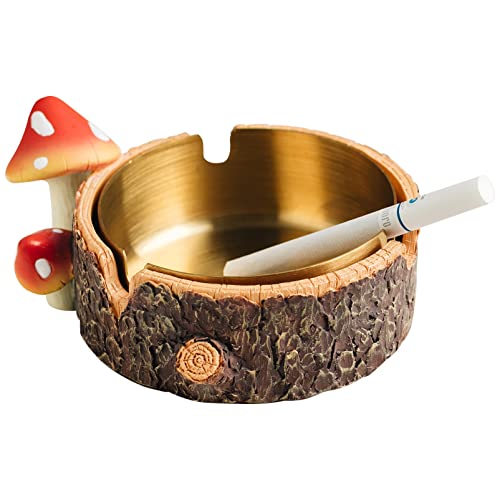 Cute Mushroom Ashtray with Stainless Steel Tray for Cigarette, Natural Resin Ash Tray for Indoor or Outdoor use, Ash Holder for Home and Garden Decor