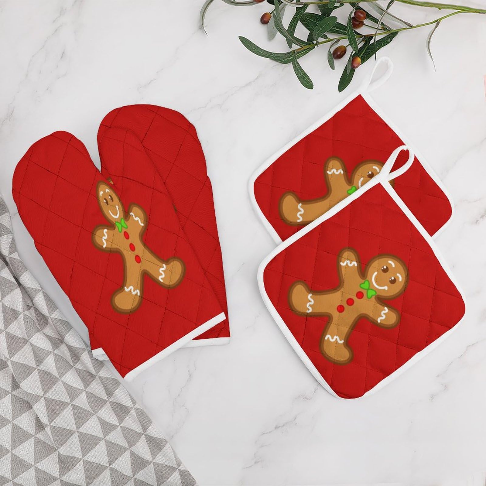 4PCS Oven Mitts and Pot Holders Sets, Sweet Xmas Gingerbread Red Oven Mitts Set Heat Resistant Kitchen Microwave Gloves Safe for Baking,Cooking, BBQ