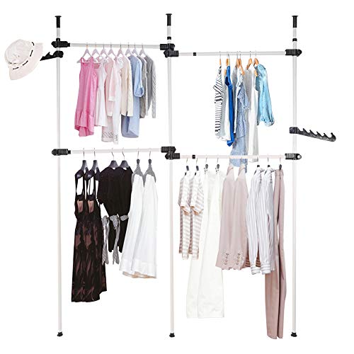 Adjustable Clothing Rack, 2 Tier Double Rod Clothes Rack Freestanding Garment Rack Telescopic Closet Hanger for Hanging Clothes, Floor to Ceiling Rod for Home Bedroom Retail Clothes Organizer